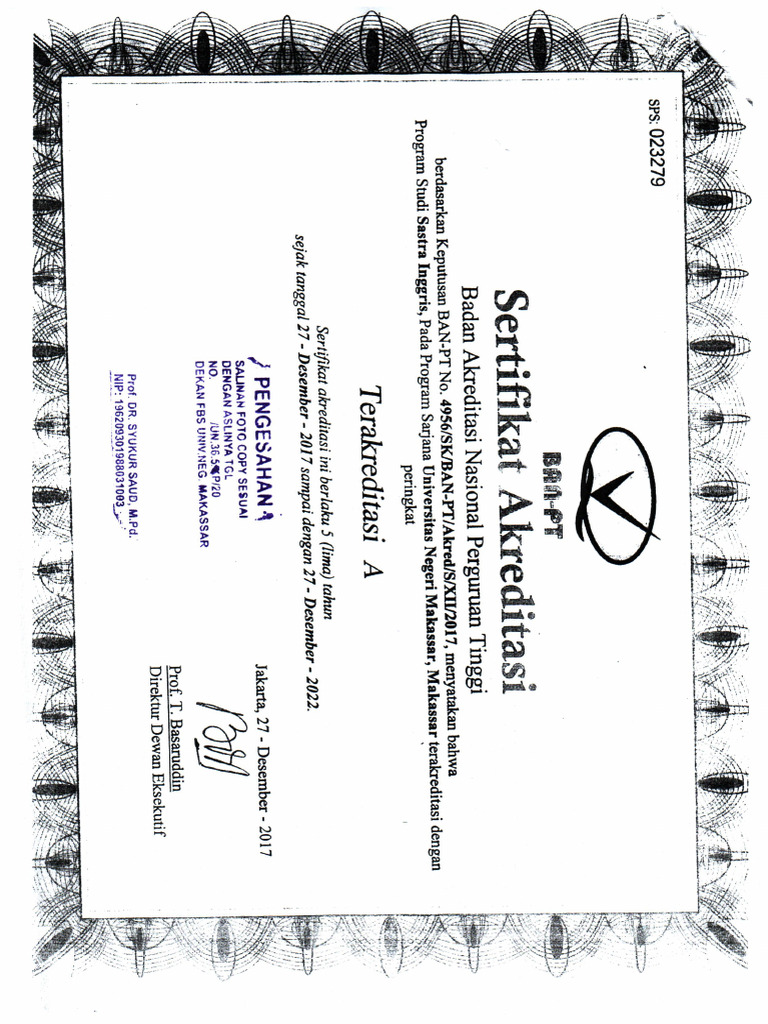 Sertifikat Akreditasi Sastra Inggris | PDF