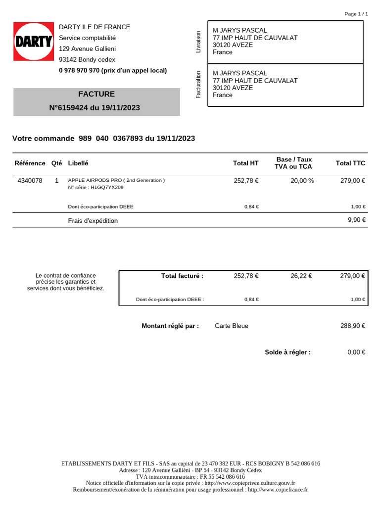 Facture AirPods Pro 2 | PDF