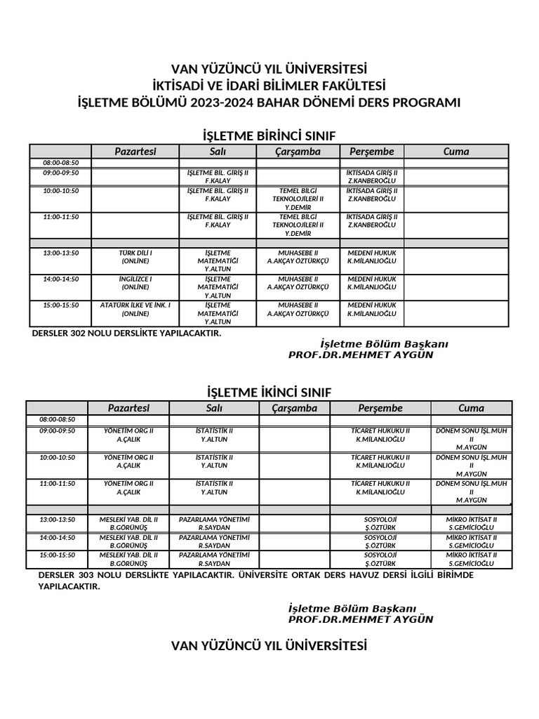ISLETME_BOLUMU_LISANS__2023-2024_BAHAR_DERS_PROGRAMI | PDF