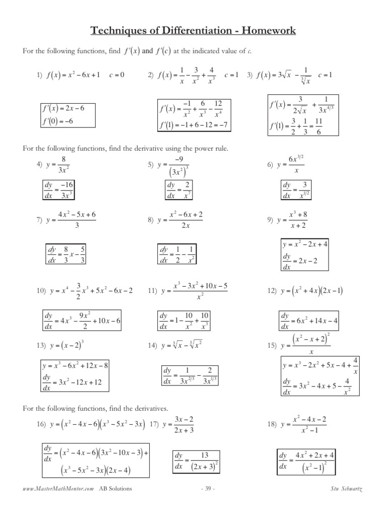 MTS 102 Techniques of Differentiation Exercise | PDF