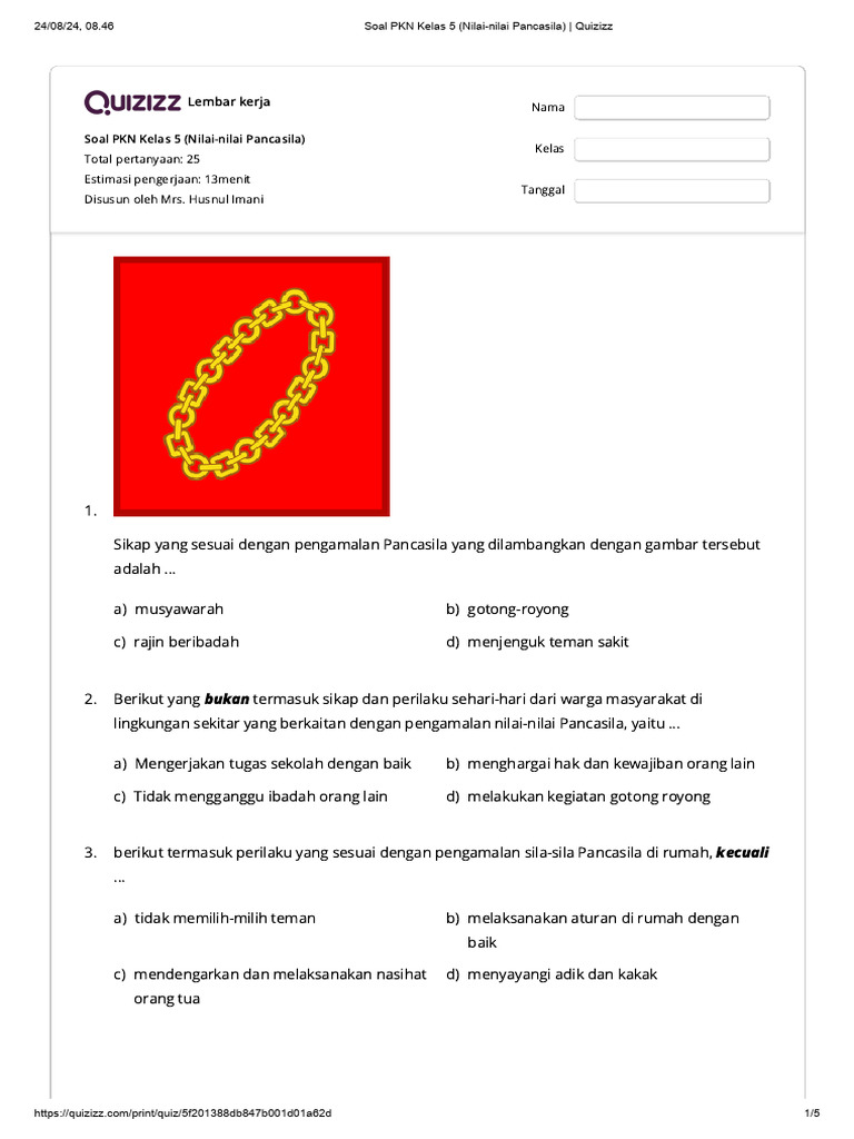 Soal PKN Kelas 5 (Nilai-Nilai Pancasila) - Quizizz | PDF
