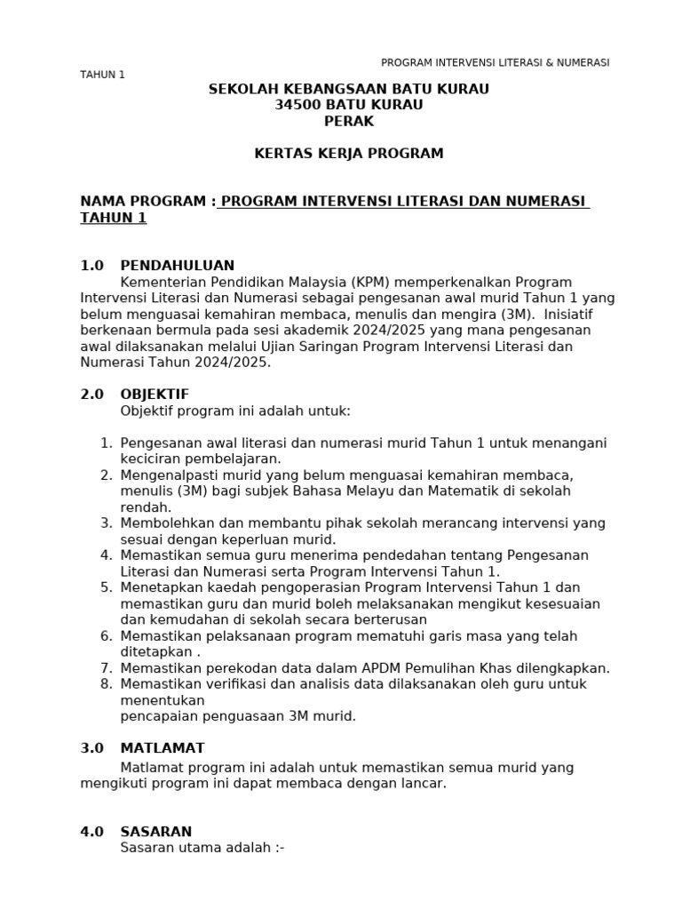 Kertas Kerja Program Intervensi THN 1 | PDF