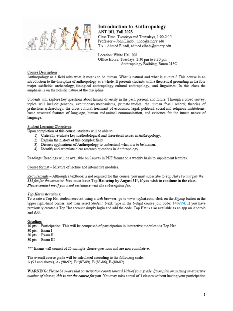 Syllabus Anthro 101 Fall 2023 | PDF