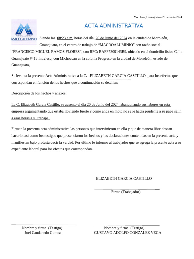 Formato acta administrativa luis 2 | PDF