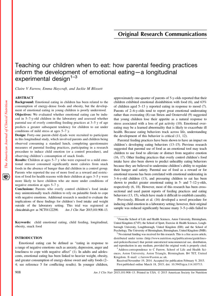 Teaching Our Children When To Eat: How Parental Feeding Practices ...
