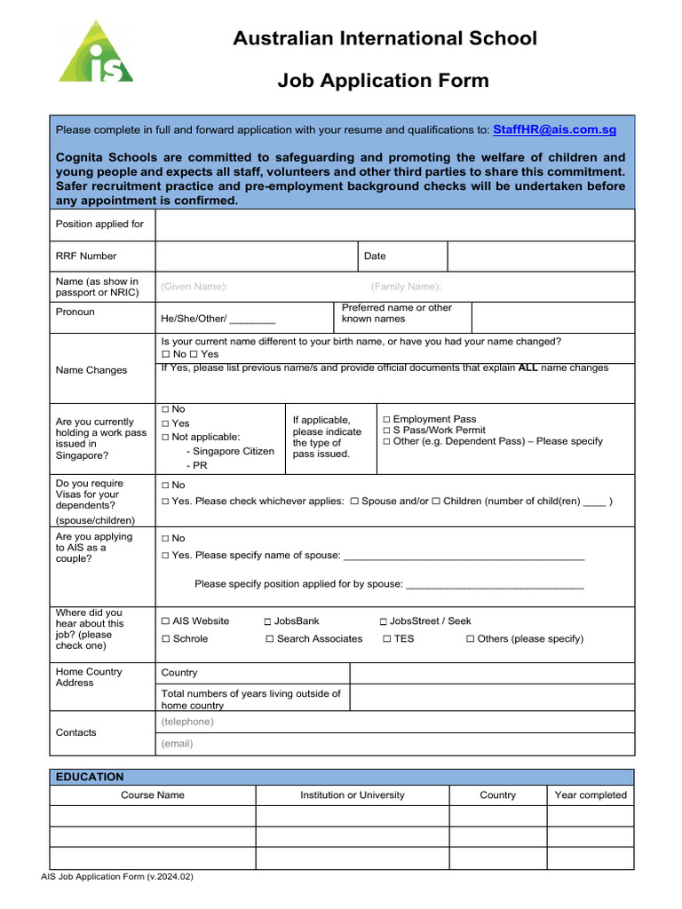 AIS Job Application Form 2024.02.27 | PDF