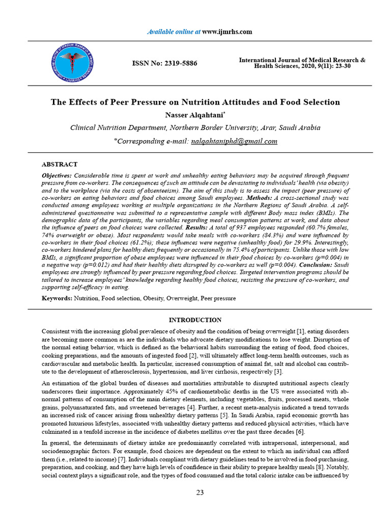 The Effects of Peer Pressure On Nutrition Attitudes and Food Selection ...