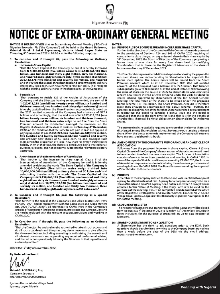 Notice of Extra Ordinary General Meeting | PDF