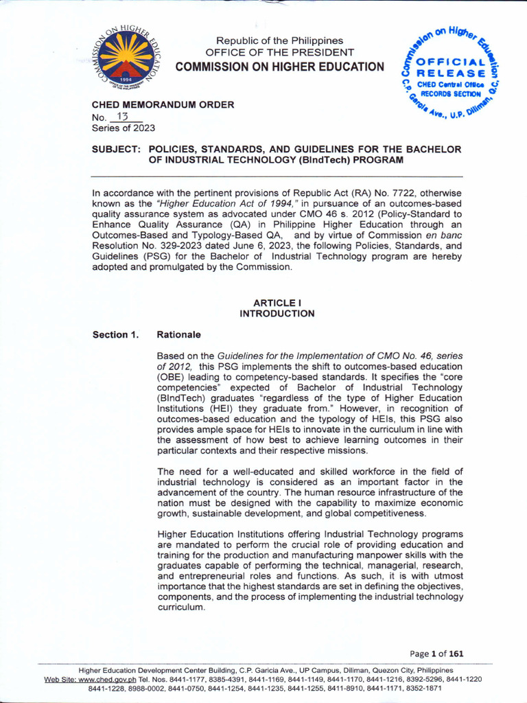 CMO No. 13 S. 2023 BInd Tech | PDF