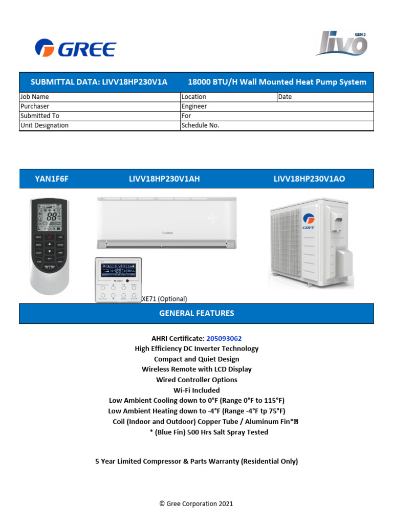 Livo Gen3 Submittal 18mbh 230v A | PDF