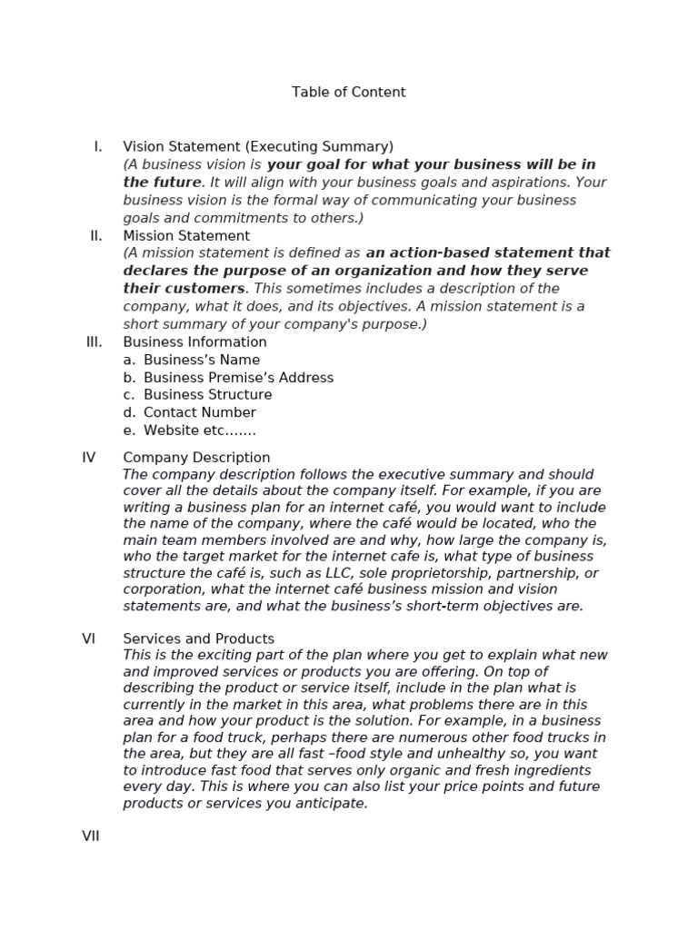 Business Plan Table of Content Part 1 | PDF