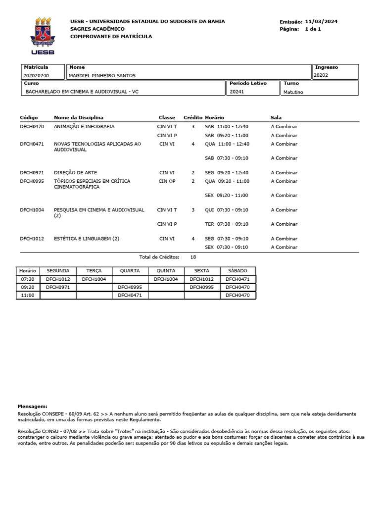 Comprovante de Matricula - 6 - Semestre | PDF