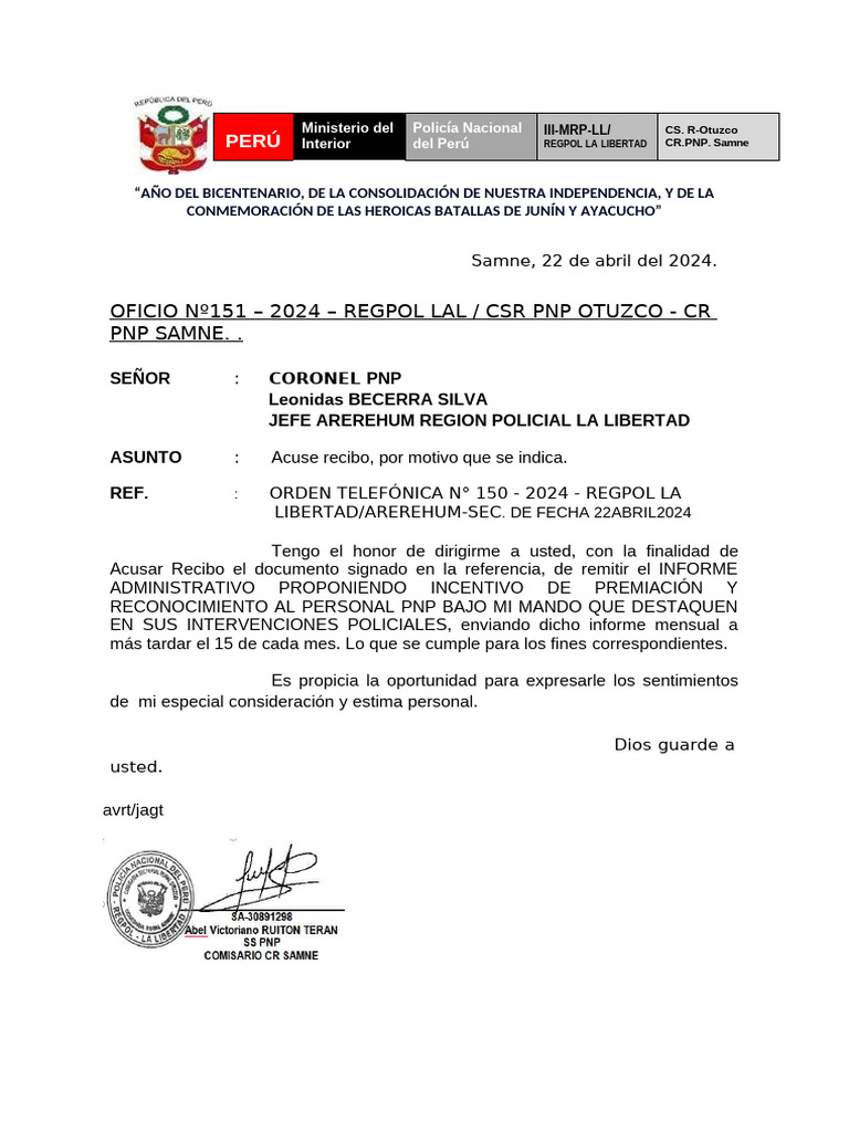 Se Remite Oficio N°151 - Acuse Recibo de O-T N°150 | PDF