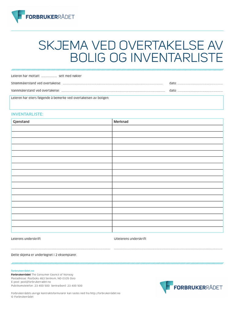 Skjma Ved Overtakelse Av Bolig Og Inventarliste | PDF
