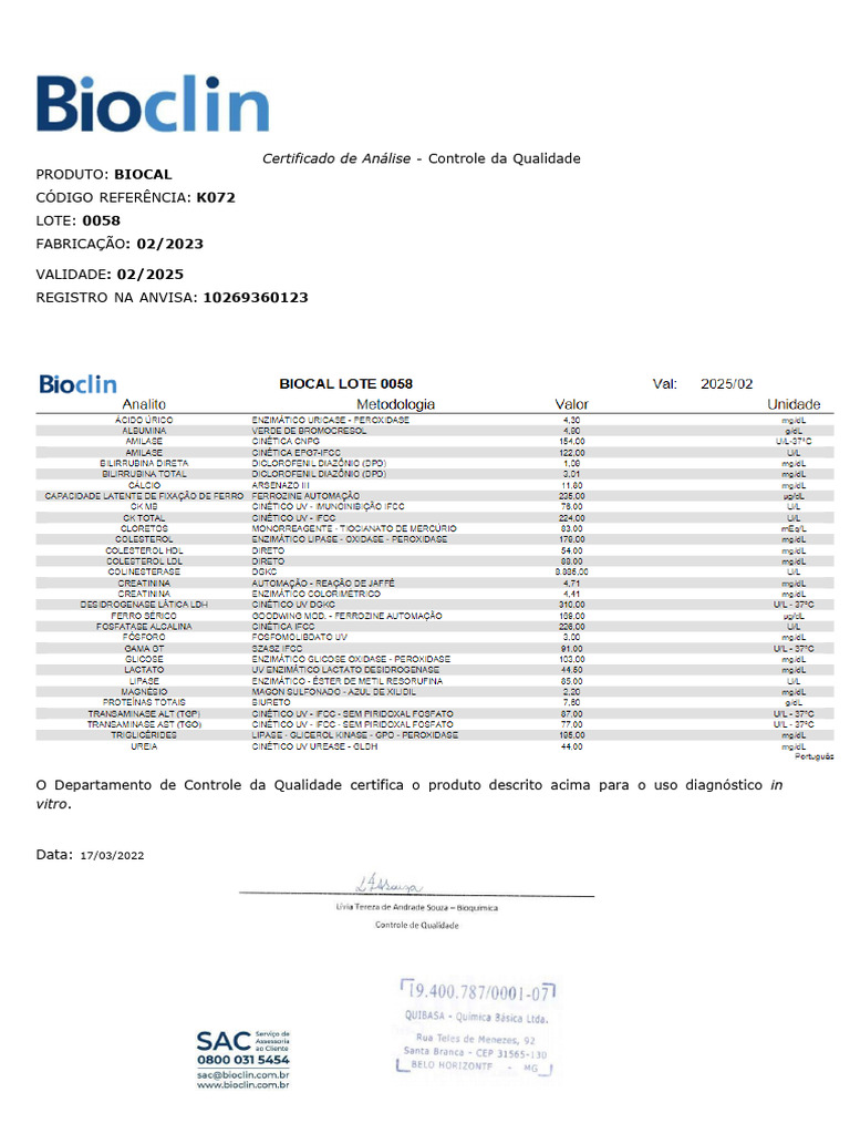 Certificado Biocal Lote 0058 | PDF