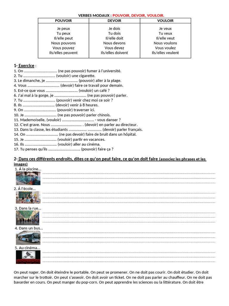 Verbes VOULOIR, POUVOIR, DEVOIR Exercices | PDF