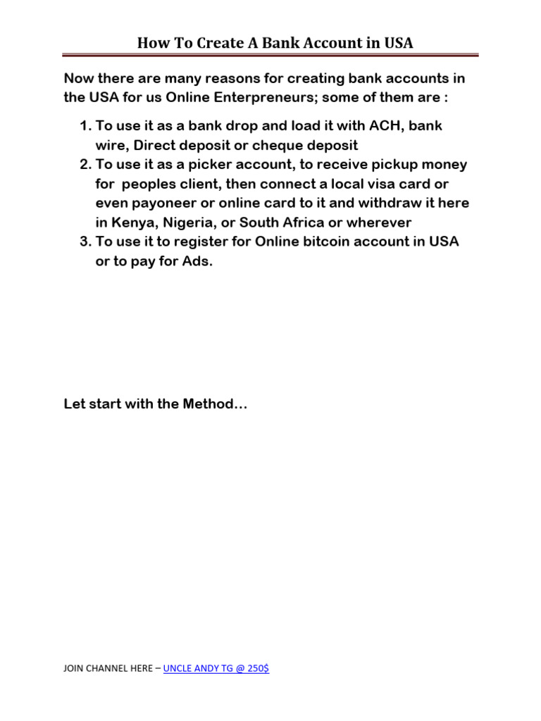 How To Create A Bank Account in USA UNCLE ANDY | PDF