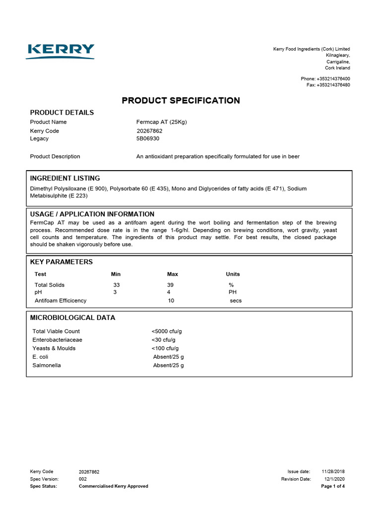 Process Aids - Stabilisers - Spec - Antifoam (Fermcap AT) | PDF | Nut ...