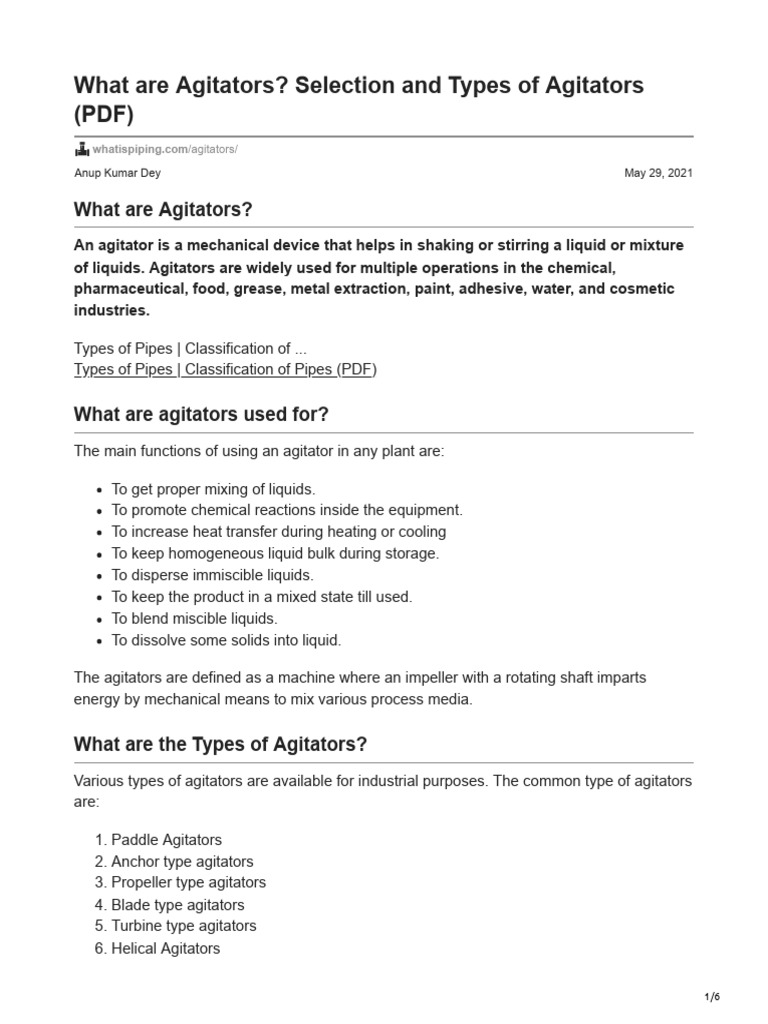 What Are Agitators Selection and Types of Agitators PDF | PDF