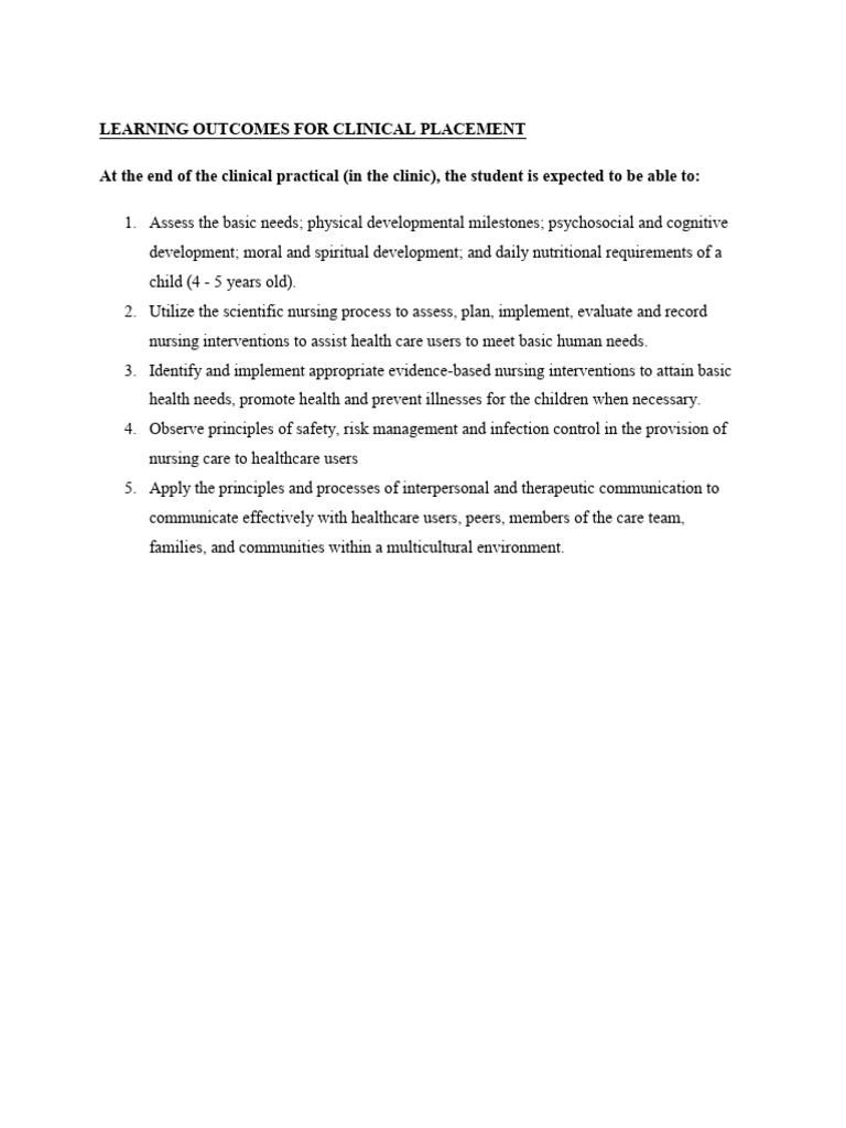 LEARNING OUTCOMES AND OBJECTIVES - Clinics | PDF | Nursing | Medicine