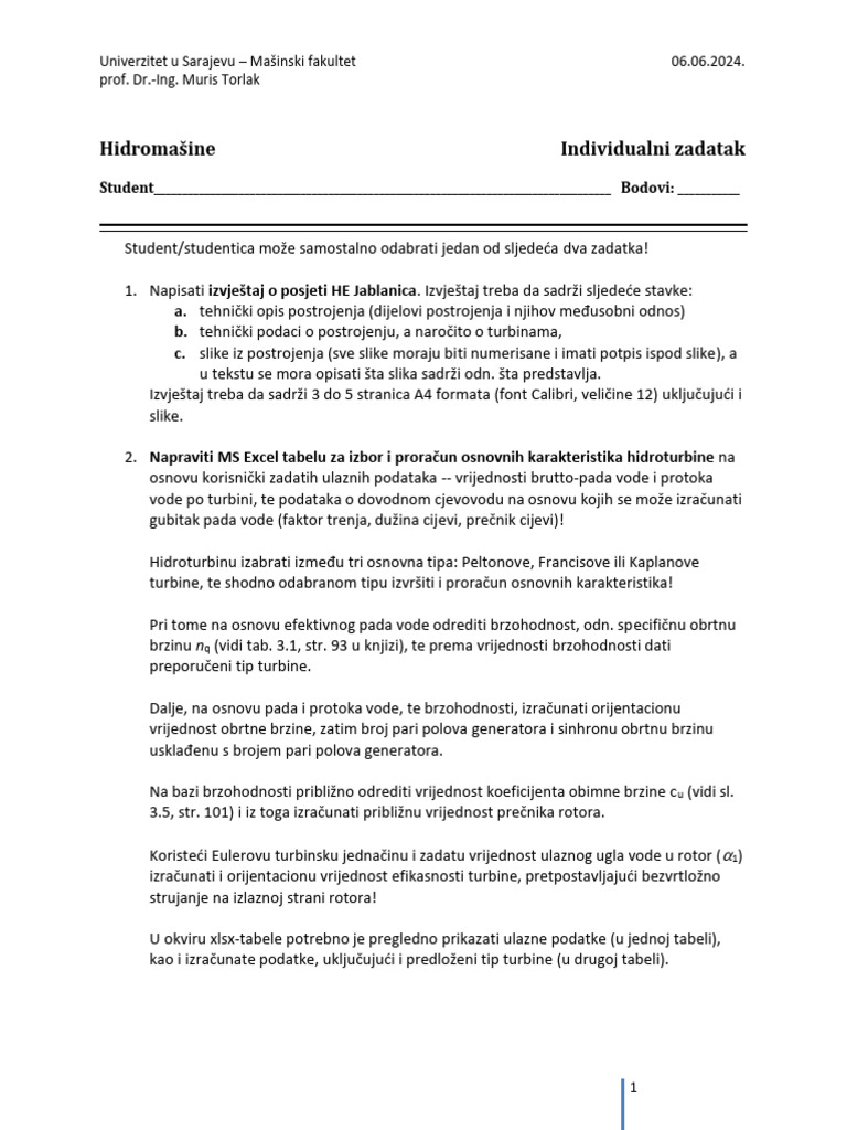 Hidromasine - 2023 - 24 - Individualni Zadatak | PDF