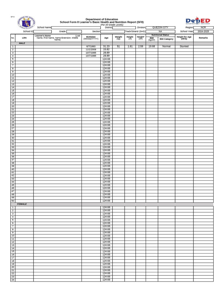 Updated - NUTRIONAL STATUS SF8 SY2024 2025 | PDF