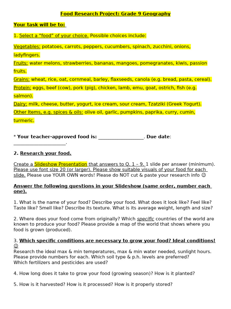 Food Research Project Grade 9 Geography 2021 BEST Version | PDF