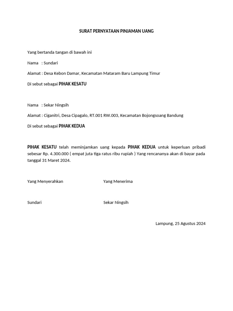 Surat Pernyataan Pinjaman Uang | PDF