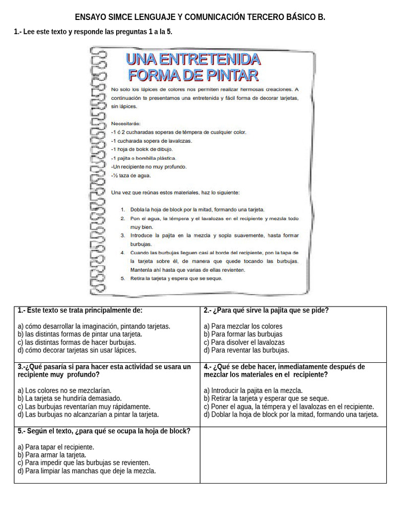 Ensayo Simce Lenguaje y Comunicación Tercero Básico B | PDF