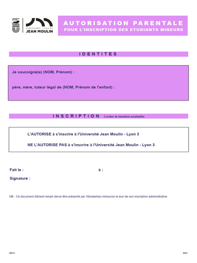 Autorisation Parental Ely On 3 | PDF