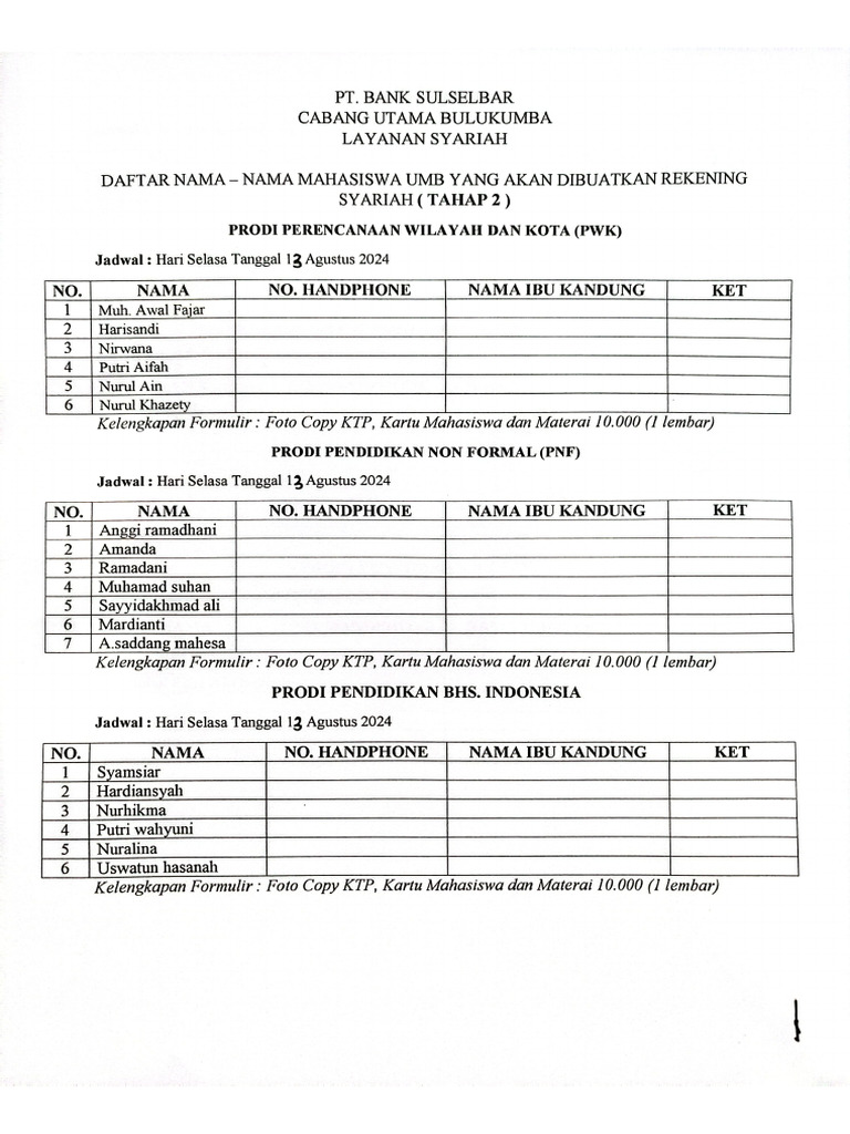 Pembukaan Rek Mahasiswa Tahap 2 | PDF