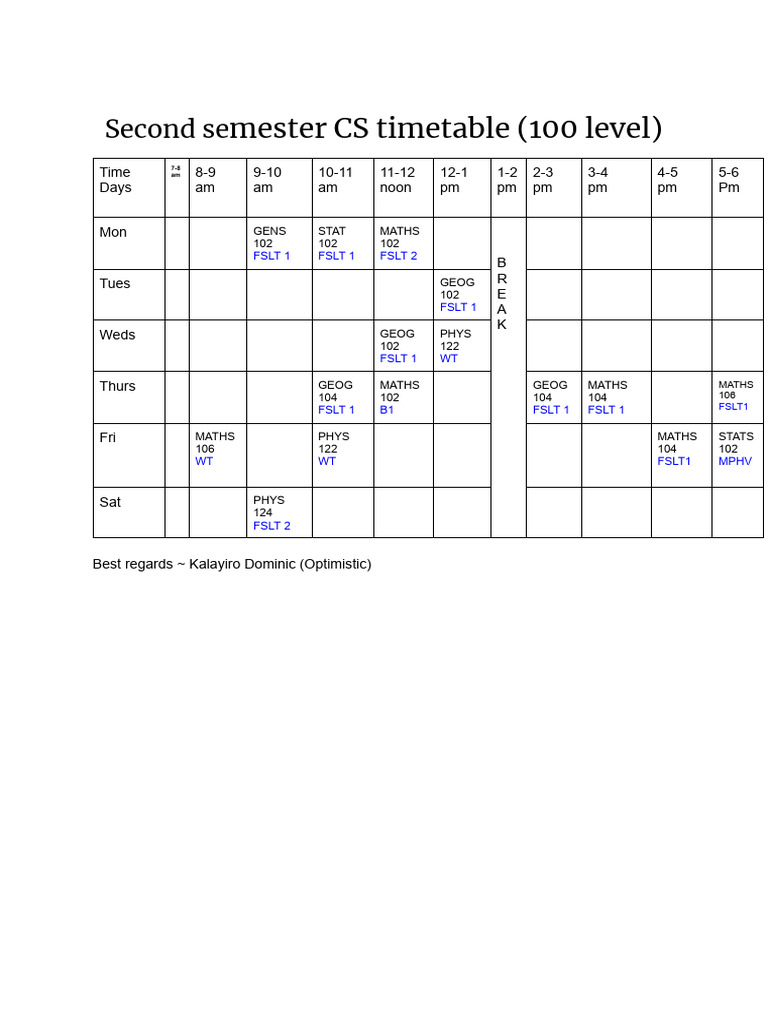 Second Semester CS Timetable (100 - Level) Modified - 124527 | PDF