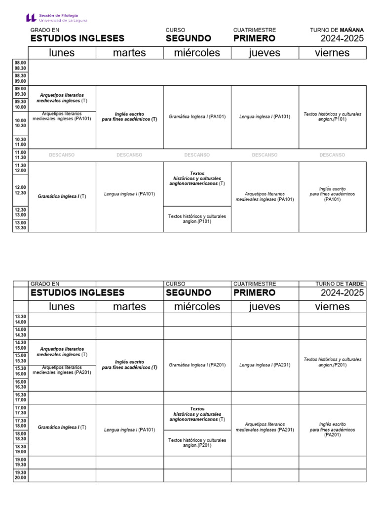 Eeii. Horarios 24-25. Segundo | PDF