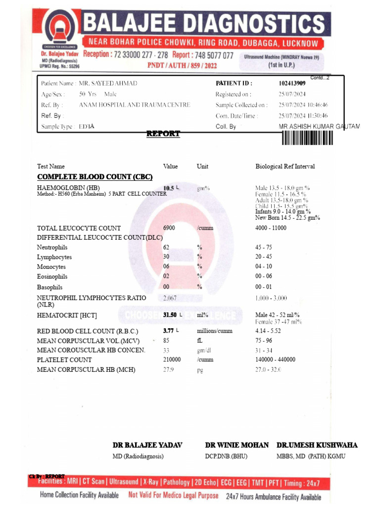 Sayeed Ahmad 50ym CBC LFT Ua Cal Urine RM | PDF