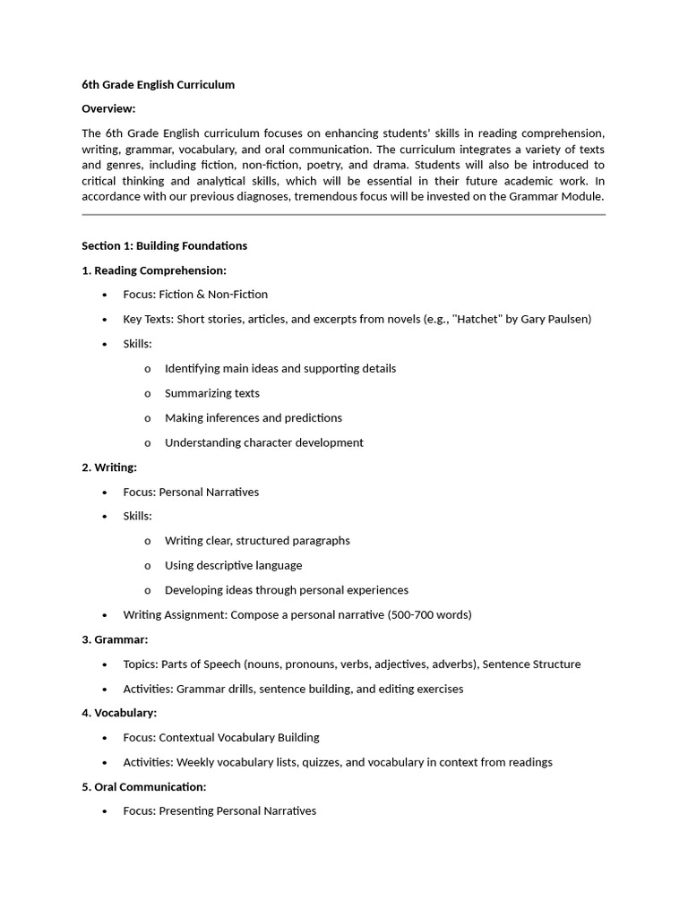 6th Grade English Curriculum | PDF | Reading Comprehension | Language ...