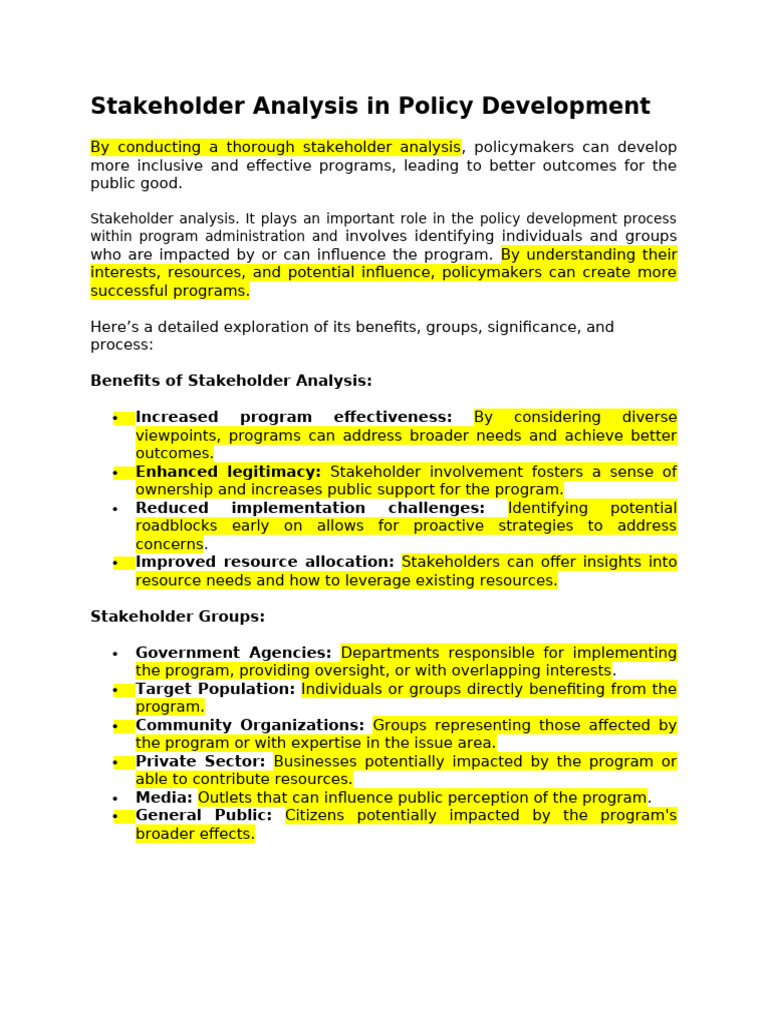 Stakeholder Analysis in Policy Development | PDF