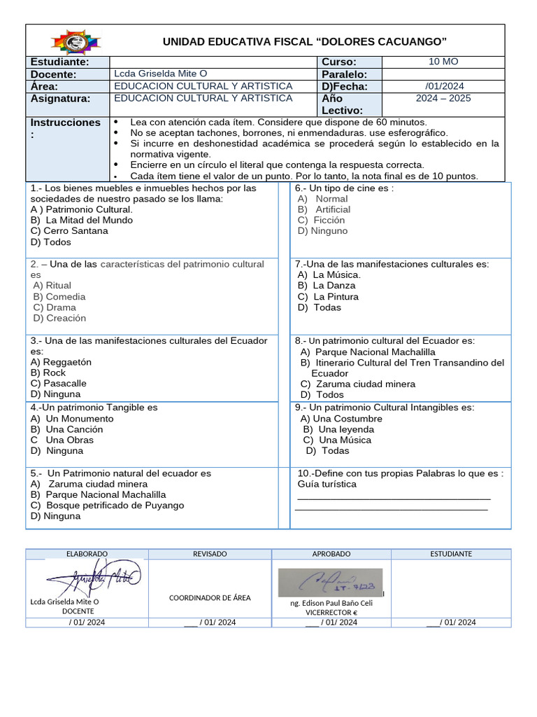 EXAMEN 3 Er Trimestre 10mo 2024 ECA | PDF