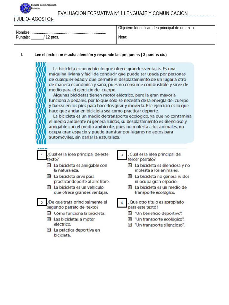 EVALUACIÓN Formativa 1 Julio Lenguaje | PDF