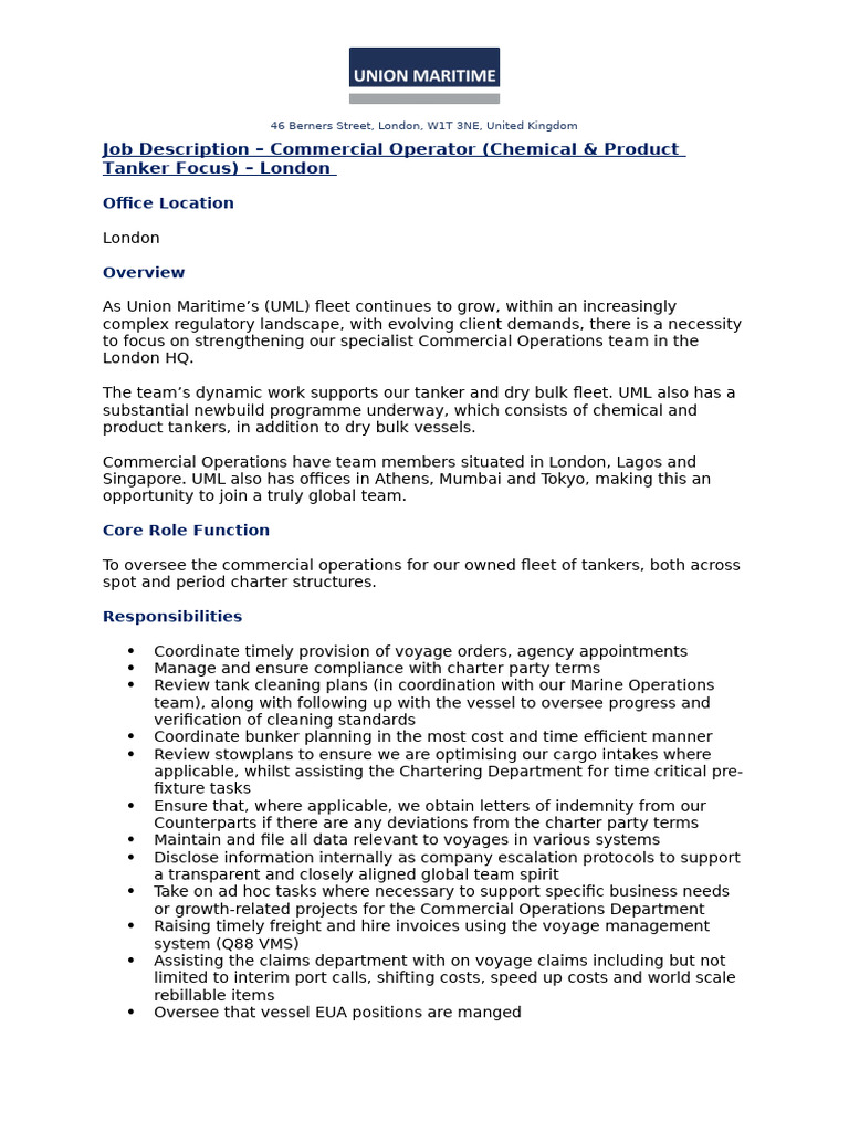 Job Description Commercial Operator (Chemical Product Tanker Focus ...