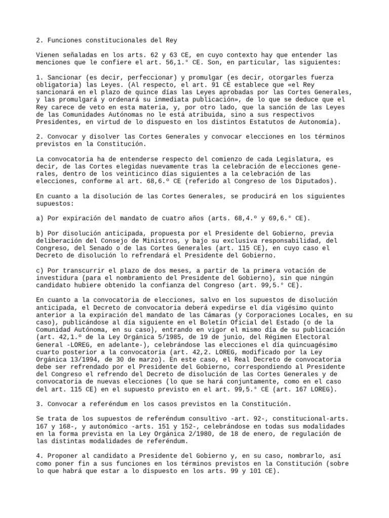 Funciones constitucionales del Rey en España | PDF