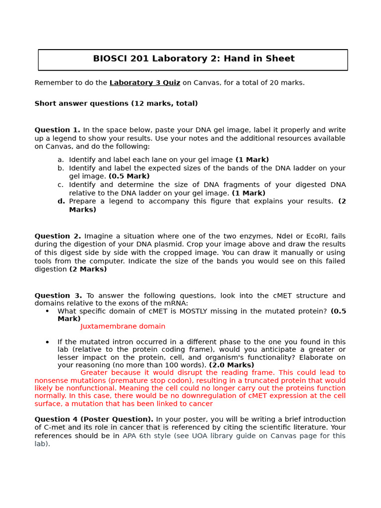 BIOSCI 201 Hand-In Sheet 2024 Lab 3 | PDF