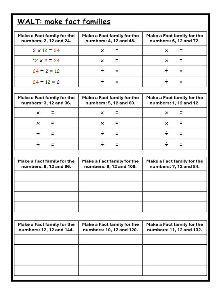 Fact Families Fot 12x Tables | PDF