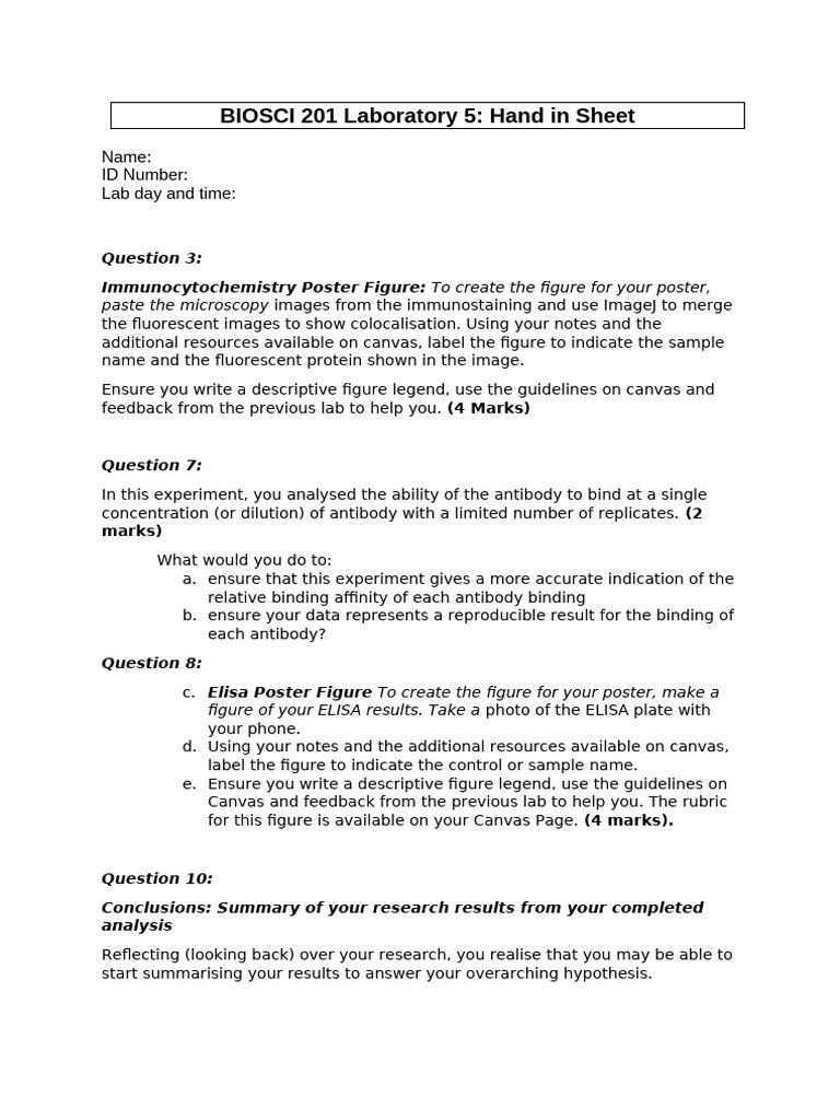 BIOSCI 201 Hand-In Sheet 2024 Lab 5 - For Upload | PDF