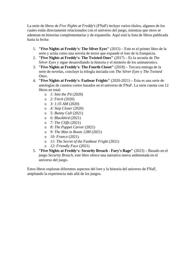 La Serie de Libros de Five Nights at Freddy | PDF