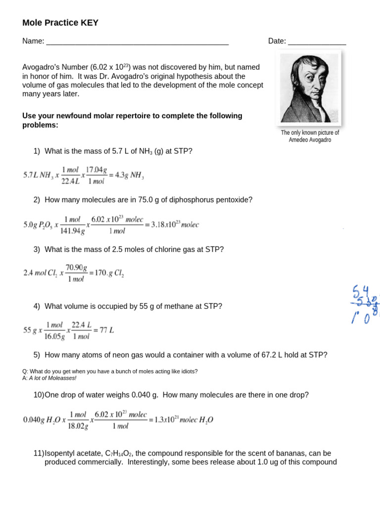 Worksheet - Moles Molecules STP Better Key | PDF