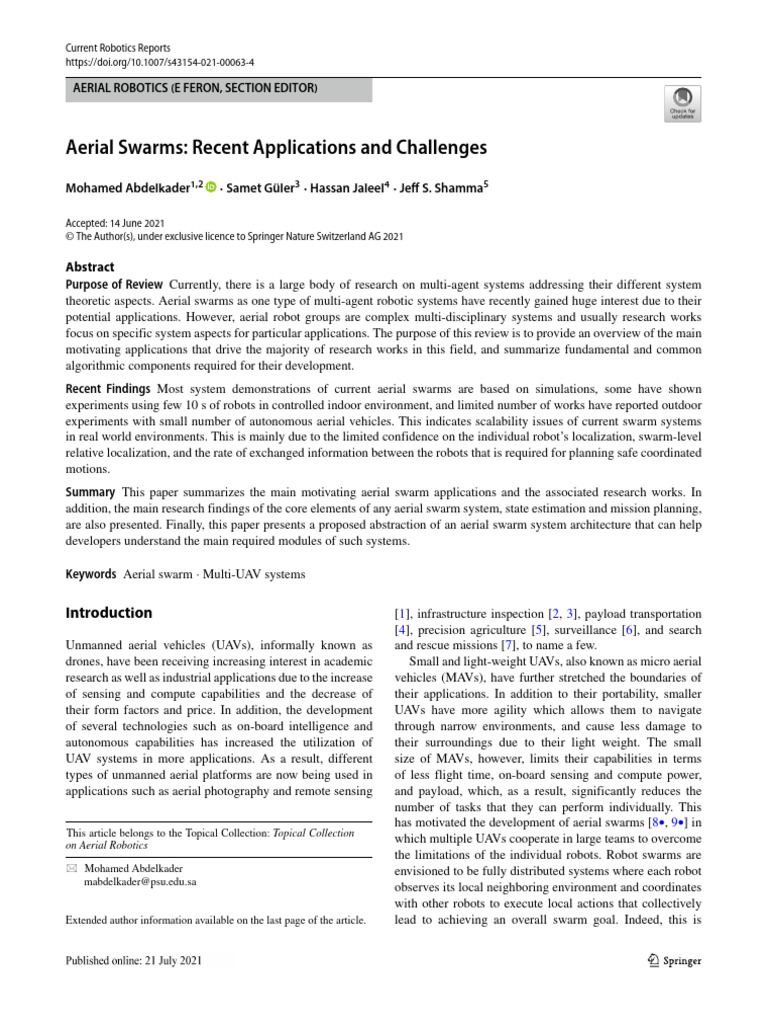 Aerial Swarms - Recent Applications and Challenges 2021 | PDF