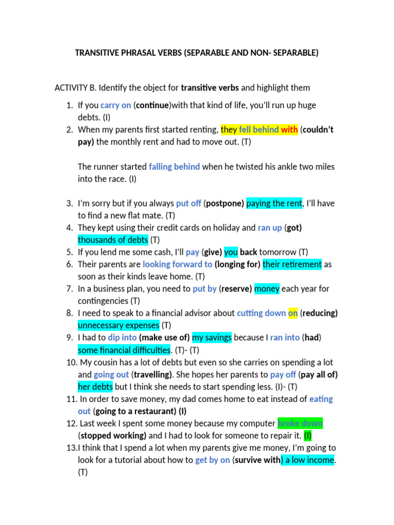 TRANSITIVE AND INTRANSITIVE PHRASAL VERBS | PDF TRANSITIVE AND INTRANSITIVE PHRASAL VERBS | PDF