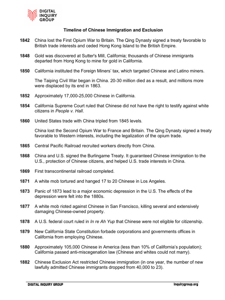 Chinese Immigration and Exclusion Student Materials - 1 | PDF