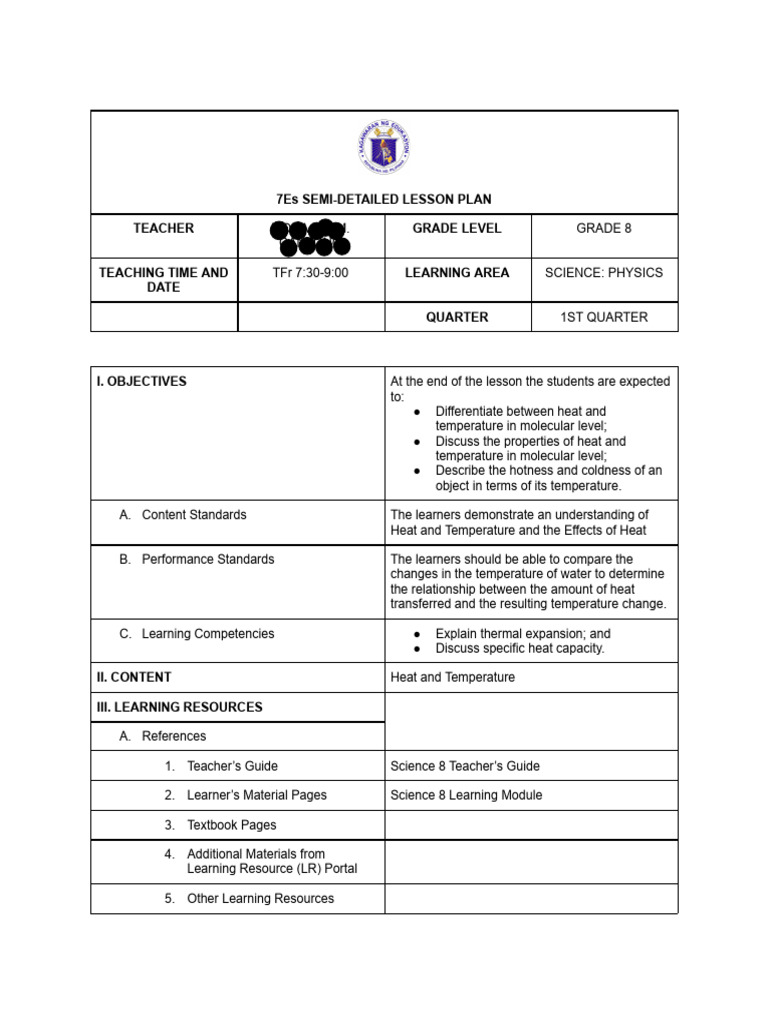 Grade 8 Science Lesson Plan | PDF | Heat | Learning