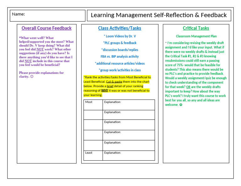 Learning Management Self Reflection and Feedback Hybrid class | PDF